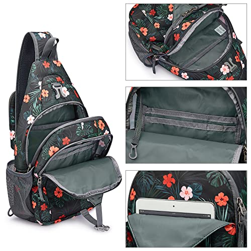 G4Free Sling Bag RFID Blocking Sling Backpack Crossbody Chest Bag Daypack for Hiking Travel(Black Base Floral)