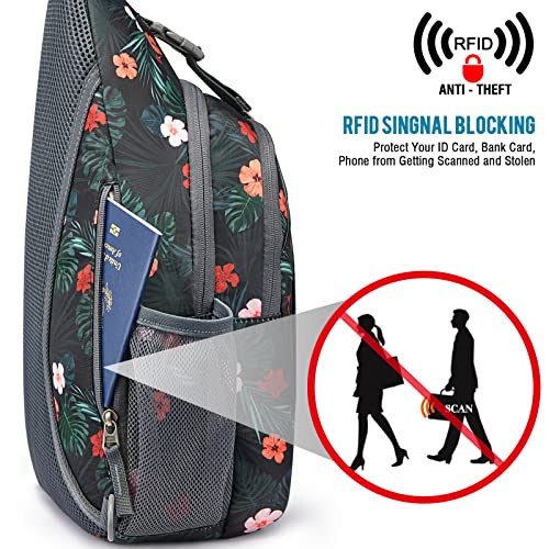 G4Free Sling Bag RFID Blocking Sling Backpack Crossbody Chest Bag Daypack for Hiking Travel(Black Base Floral)