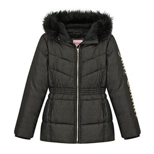 juicy couture girls puffer jacket, laminated bubble kids coat with fur hoodie, black, small