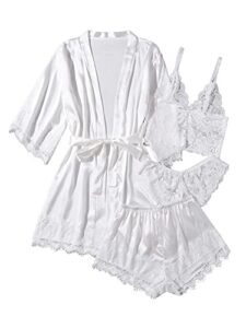 wdirara women' silk satin pajamas set 4pcs lingerie floral lace cami sleepwear with robe snow white m