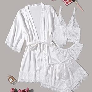 WDIRARA Women' Silk Satin Pajamas Set 4pcs Lingerie Floral Lace Cami Sleepwear with Robe Snow White M