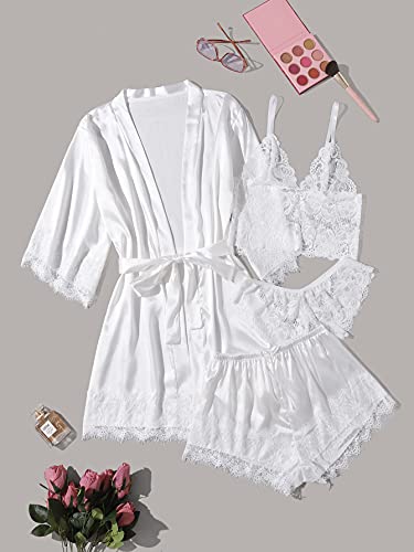 WDIRARA Women' Silk Satin Pajamas Set 4pcs Lingerie Floral Lace Cami Sleepwear with Robe Snow White M