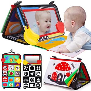 tummy time baby mirror infant toys newborn toys 0 3 months brain development with crinkle cloth book and teether black and white high contrast baby toys 4 6 9 12 month boys girls crawling sensory toy