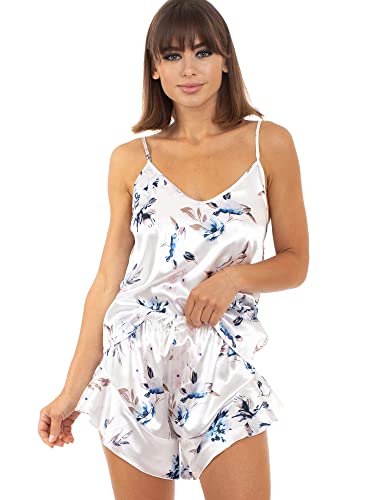 Belle's Design Women's Sexy Floral Satin Silk Cami Shorts set 2 Piece Pajama Bridal Lingerie Sleepwear (White, X-Large)