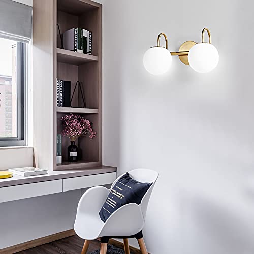 ZHUOER Modern Bathroom Vanity Light Fixtures 2 Lights Brushed Brass Milk White Globe Glass Shade Modern Wall Bar Sconce Lighting Bath Vanity Lights Over Mirror (Exclude G9 Bulb)