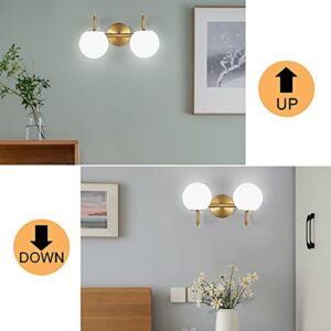 ZHUOER Modern Bathroom Vanity Light Fixtures 2 Lights Brushed Brass Milk White Globe Glass Shade Modern Wall Bar Sconce Lighting Bath Vanity Lights Over Mirror (Exclude G9 Bulb)