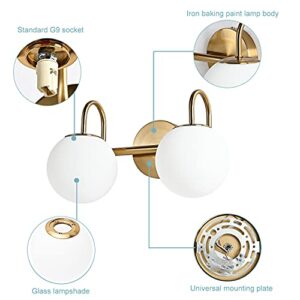 ZHUOER Modern Bathroom Vanity Light Fixtures 2 Lights Brushed Brass Milk White Globe Glass Shade Modern Wall Bar Sconce Lighting Bath Vanity Lights Over Mirror (Exclude G9 Bulb)