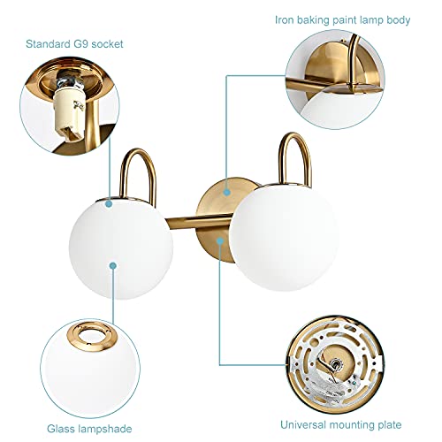 ZHUOER Modern Bathroom Vanity Light Fixtures 2 Lights Brushed Brass Milk White Globe Glass Shade Modern Wall Bar Sconce Lighting Bath Vanity Lights Over Mirror (Exclude G9 Bulb)