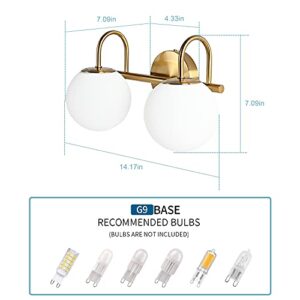 ZHUOER Modern Bathroom Vanity Light Fixtures 2 Lights Brushed Brass Milk White Globe Glass Shade Modern Wall Bar Sconce Lighting Bath Vanity Lights Over Mirror (Exclude G9 Bulb)