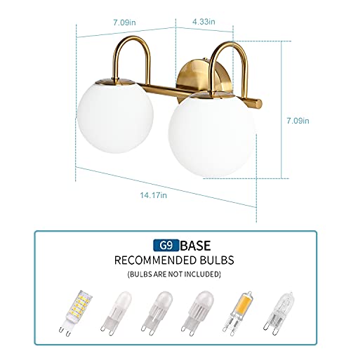 ZHUOER Modern Bathroom Vanity Light Fixtures 2 Lights Brushed Brass Milk White Globe Glass Shade Modern Wall Bar Sconce Lighting Bath Vanity Lights Over Mirror (Exclude G9 Bulb)