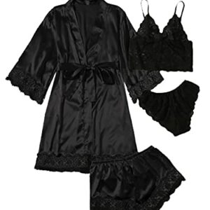 WDIRARA Women' Silk Satin Pajamas Set 4pcs Lingerie Floral Lace Cami Sleepwear with Robe Black Belted M