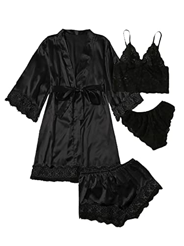 WDIRARA Women' Silk Satin Pajamas Set 4pcs Lingerie Floral Lace Cami Sleepwear with Robe Black Belted M