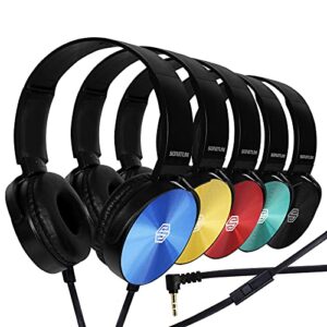 classroom headphones with microphone bulk 10-pack, student on ear comfy swivel earphones for library, school, airplane, online learning and travel, hq stereo sound 3.5mm jack (colored with microphone)