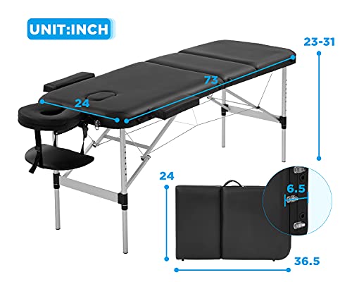 Massage Table Portable Massage Bed 3 Folding 73 Inch Height Adjustable Aluminium Salon Bed Carry Case Tattoo Table Facial Bed Hold Up to 450LBS (Black)