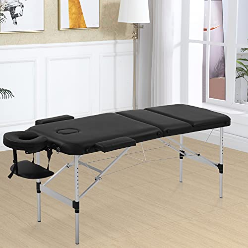 Massage Table Portable Massage Bed 3 Folding 73 Inch Height Adjustable Aluminium Salon Bed Carry Case Tattoo Table Facial Bed Hold Up to 450LBS (Black)