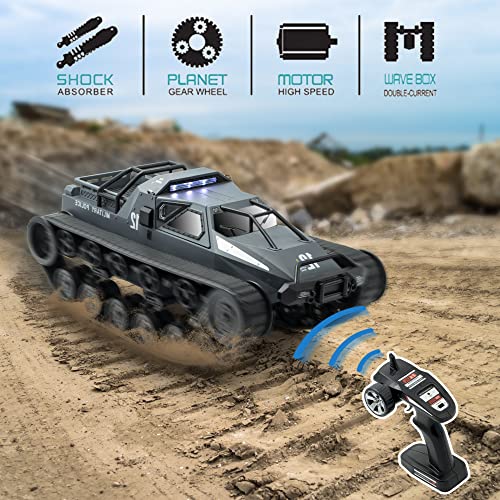 Supdex RC Tank Car, 1:12 Remote Control Crawler 12KM/H High Speed Tank, 2.4Ghz RC Rock Crawler Off-Road 4WD 360°Rotating Drifting Car with Rechargeable Battery,Military Truck Toy for Adults and Kids