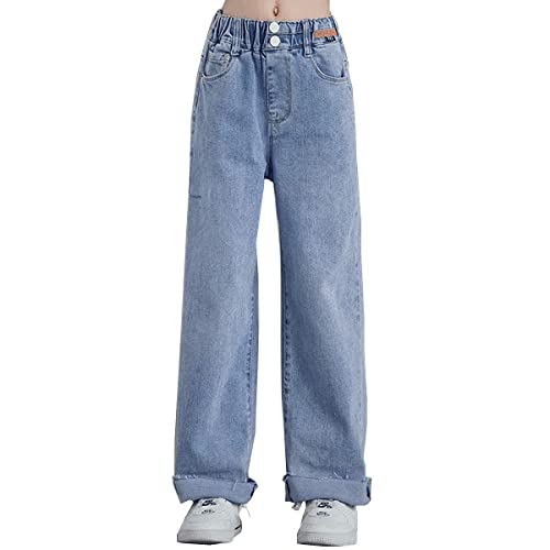 YaYabroe Kids Girls Ripped Jeans Washed Elastic Waist Wide Leg Baggy Pants Size 5-14 Years (Light Blue, 12-13 Years)