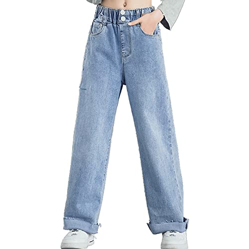 YaYabroe Kids Girls Ripped Jeans Washed Elastic Waist Wide Leg Baggy Pants Size 5-14 Years (Light Blue, 12-13 Years)