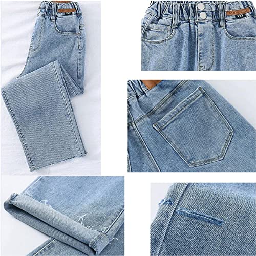 YaYabroe Kids Girls Ripped Jeans Washed Elastic Waist Wide Leg Baggy Pants Size 5-14 Years (Light Blue, 12-13 Years)