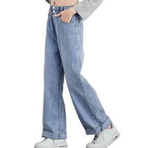 YaYabroe Kids Girls Ripped Jeans Washed Elastic Waist Wide Leg Baggy Pants Size 5-14 Years (Light Blue, 12-13 Years)