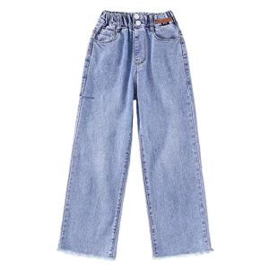 YaYabroe Kids Girls Ripped Jeans Washed Elastic Waist Wide Leg Baggy Pants Size 5-14 Years (Light Blue, 12-13 Years)