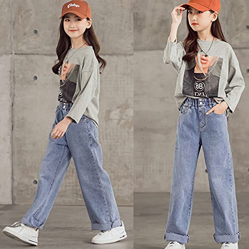 YaYabroe Kids Girls Ripped Jeans Washed Elastic Waist Wide Leg Baggy Pants Size 5-14 Years (Light Blue, 12-13 Years)