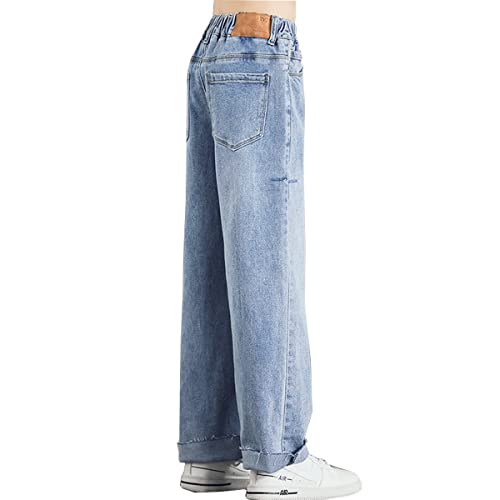 YaYabroe Kids Girls Ripped Jeans Washed Elastic Waist Wide Leg Baggy Pants Size 5-14 Years (Light Blue, 12-13 Years)