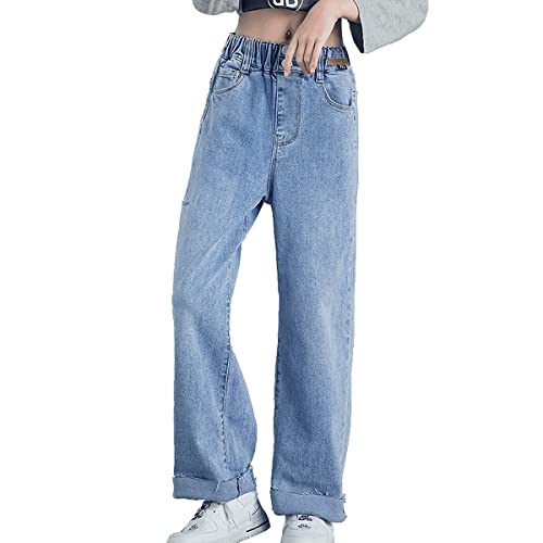 YaYabroe Kids Girls Ripped Jeans Washed Elastic Waist Wide Leg Baggy Pants Size 5-14 Years (Light Blue, 12-13 Years)