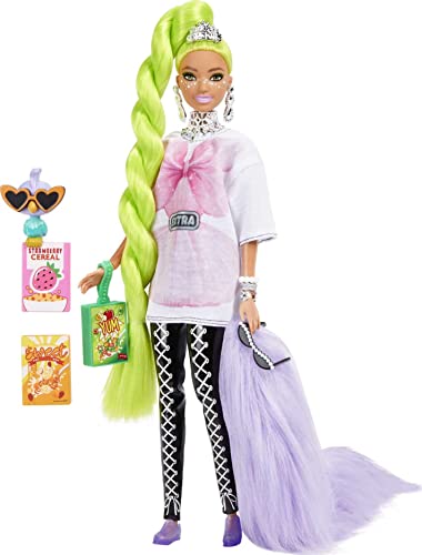 Barbie Extra Doll and Barbie Accessories with Neon Green Hair, Feather Boa and Pet Parrot