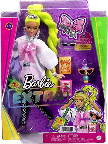 Barbie Extra Doll and Barbie Accessories with Neon Green Hair, Feather Boa and Pet Parrot