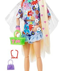 Barbie Extra Doll and Accessories with Extra-Long Blonde Hair Wearing Floral Outfit & Poncho with Pet Bunny 12 inch