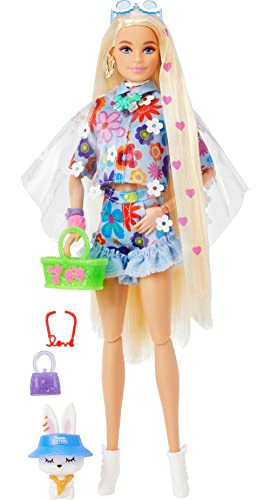 Barbie Extra Doll and Accessories with Extra-Long Blonde Hair Wearing Floral Outfit & Poncho with Pet Bunny 12 inch