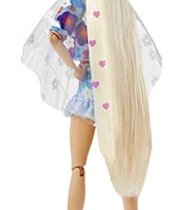 Barbie Extra Doll and Accessories with Extra-Long Blonde Hair Wearing Floral Outfit & Poncho with Pet Bunny 12 inch