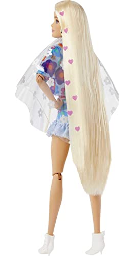 Barbie Extra Doll and Accessories with Extra-Long Blonde Hair Wearing Floral Outfit & Poncho with Pet Bunny 12 inch