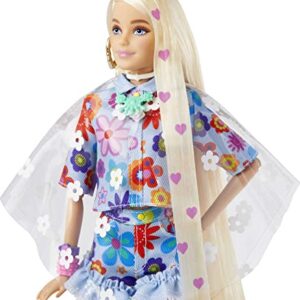 Barbie Extra Doll and Accessories with Extra-Long Blonde Hair Wearing Floral Outfit & Poncho with Pet Bunny 12 inch