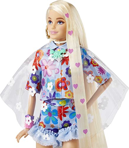 Barbie Extra Doll and Accessories with Extra-Long Blonde Hair Wearing Floral Outfit & Poncho with Pet Bunny 12 inch