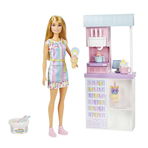 Barbie Careers Doll & Accessories, Ice Cream Shop Playset with Blonde Doll, Ice Cream Machine, Molds, Dough & More