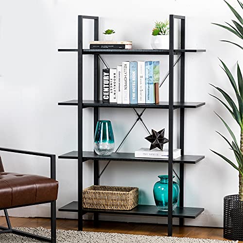 glitzhome Wooden Industrial Bookcase 4 Shelf Bookshelf Rustic Open Shelf Vintage Wood and Metal Etagere Bookcase Black Heavy Duty Bookshelf Low Office Display Bookshelves Short Farmhouse Shelves