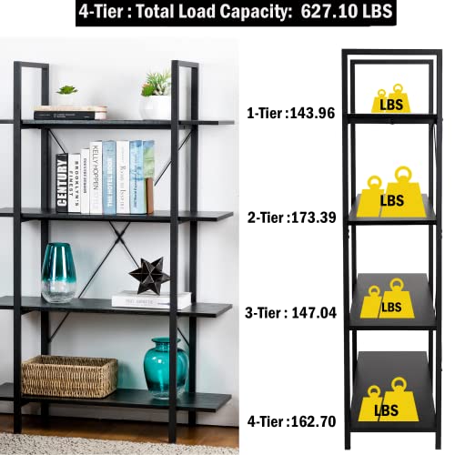 glitzhome Wooden Industrial Bookcase 4 Shelf Bookshelf Rustic Open Shelf Vintage Wood and Metal Etagere Bookcase Black Heavy Duty Bookshelf Low Office Display Bookshelves Short Farmhouse Shelves