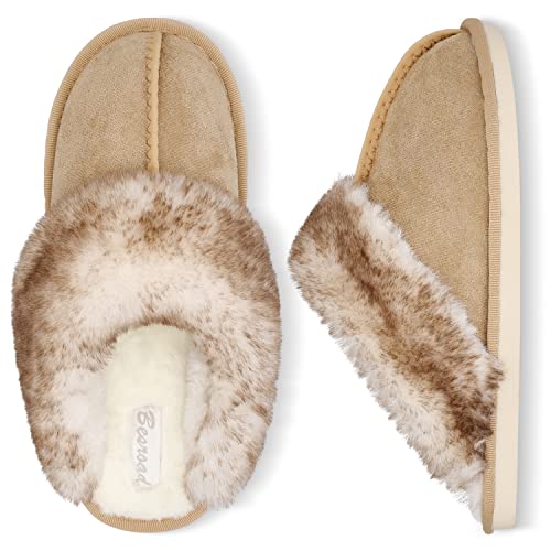 Besroad Womens Furry Faux Fur Slippers Cozy Memory Foam House Slippers Soft Flat Slide Sandals Indoor Outdoor Slippers Brown 8-9