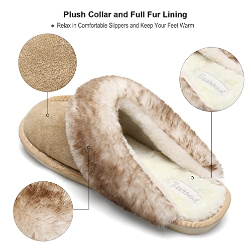 Besroad Womens Furry Faux Fur Slippers Cozy Memory Foam House Slippers Soft Flat Slide Sandals Indoor Outdoor Slippers Brown 8-9