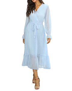 btfbm women's casual party summer fall dresses 2023 long sleeve wrap v neck swiss dot swing a-line maxi dress with belt(swiss dot light blue, small)