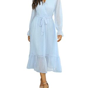 BTFBM Women's Casual Party Summer Fall Dresses 2023 Long Sleeve Wrap V Neck Swiss Dot Swing A-Line Maxi Dress with Belt(Swiss Dot Light Blue, Small)