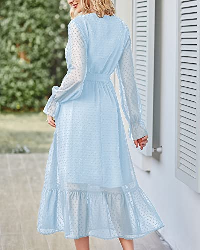 BTFBM Women's Casual Party Summer Fall Dresses 2023 Long Sleeve Wrap V Neck Swiss Dot Swing A-Line Maxi Dress with Belt(Swiss Dot Light Blue, Small)