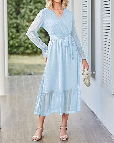 BTFBM Women's Casual Party Summer Fall Dresses 2023 Long Sleeve Wrap V Neck Swiss Dot Swing A-Line Maxi Dress with Belt(Swiss Dot Light Blue, Small)