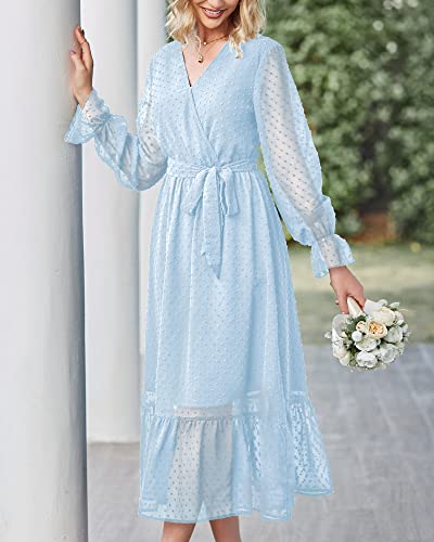 BTFBM Women's Casual Party Summer Fall Dresses 2023 Long Sleeve Wrap V Neck Swiss Dot Swing A-Line Maxi Dress with Belt(Swiss Dot Light Blue, Small)