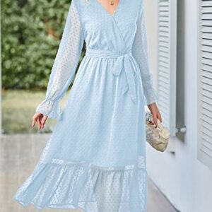 BTFBM Women's Casual Party Summer Fall Dresses 2023 Long Sleeve Wrap V Neck Swiss Dot Swing A-Line Maxi Dress with Belt(Swiss Dot Light Blue, Small)