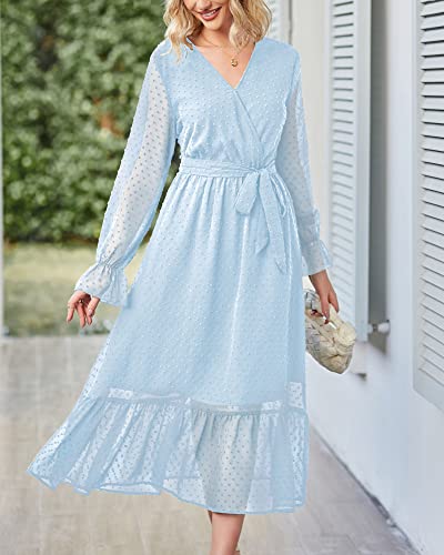 BTFBM Women's Casual Party Summer Fall Dresses 2023 Long Sleeve Wrap V Neck Swiss Dot Swing A-Line Maxi Dress with Belt(Swiss Dot Light Blue, Small)