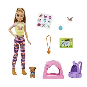 barbie it takes two stacie doll & accessories, camping playset with doll, pet tent, puppy, sticker sheet & accessories