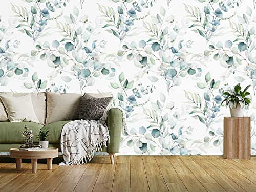 Floralplus Peel and Stick Wallpaper Boho Eucalyptus Leaf Wallpaper Removable Wallpaper Peel and Stick Floral Stick On Wallpaper for Bedroom Home Decor 17.7x118in